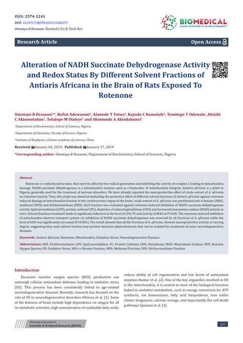 Pdf Alteration Of Nadh Succinate Dehydrogenase Activity And Redox