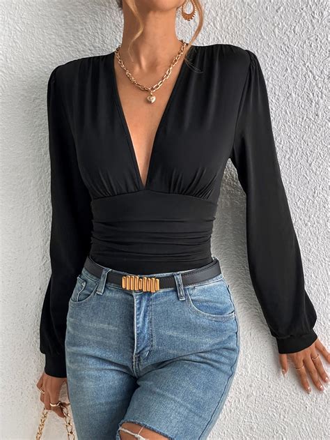 Shein Tall Plunge Neck Ruched Bodysuit Shein Uk