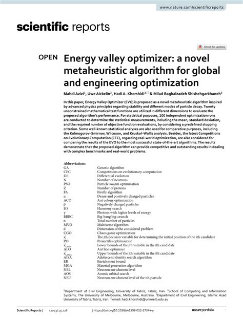 Pdf Energy Valley Optimizer A Novel Metaheuristic Algorithm For