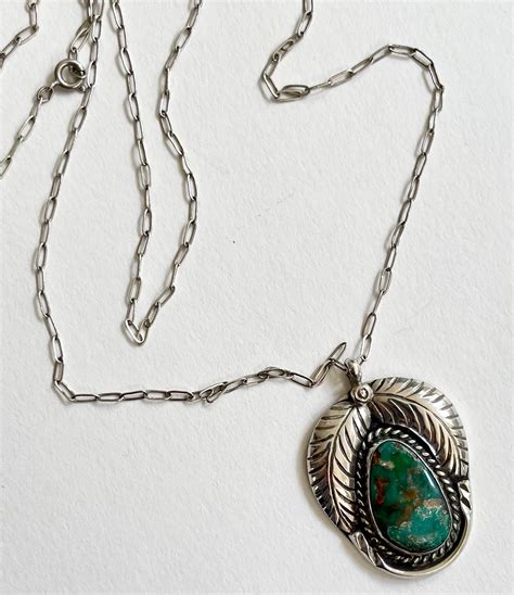 Navajo Turquoise Pendant Necklace Delicate Paperclip Sterling Silver Chain Vintage Native