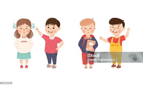 아이들의 나쁜 행동 세트 학교 만화 벡터 일러스트레이션에서 괴롭힘을 당하는 소년과 소녀 학생 격노한에 대한 스톡 벡터 아트 및