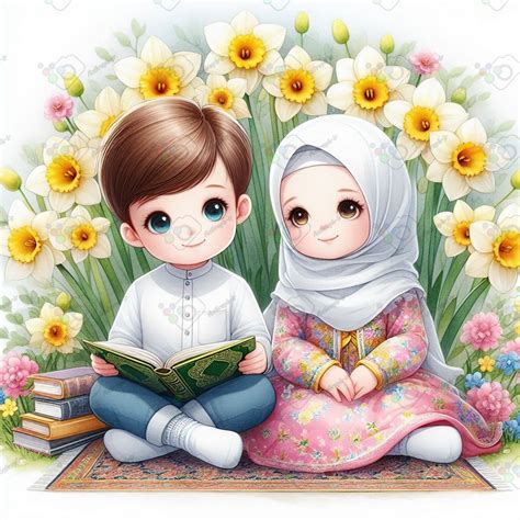 بک گراند کودکانه دختر ناز با حجاب و پسر ناز قرآن در دست نشسته در باغ گل نرگس کد 42899 ویژه عکس