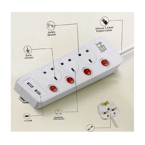 Rtc Socket 3 Way 4switch 2usb 3 Meter 13a Xcite Kuwait