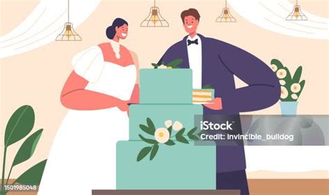 신혼 부부 캐릭터들이 함께 케이크를 자르고 그들의 결합을 상징하고 달콤한 순간을 공유한다 벡터 일러스트레이션 귀여운에 대한 스톡 벡터 아트 및 기타 이미지 Istock