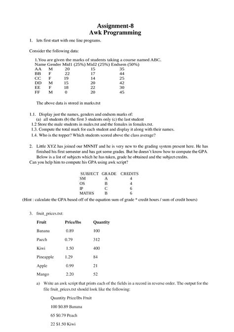 Assignment Shell Lab Assignment Awk Programming Lets First Start With One Line Programs