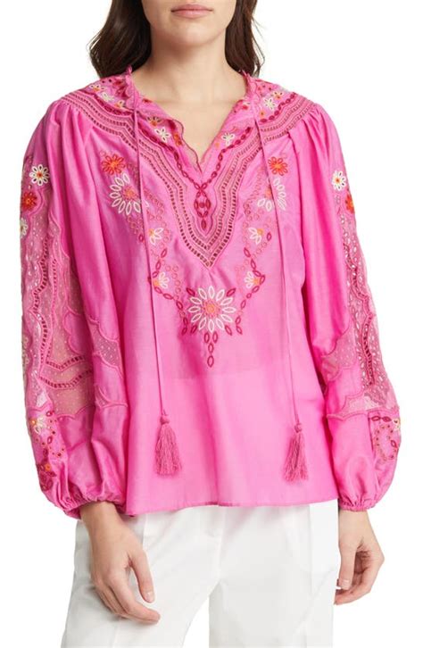Kobi Halperin Blythe Floral Embroidered Peasant Blouse In French Pink