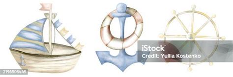 보트 닻 바퀴의 수채화 해양 그림이 부드러운 푸른 색조로 표현되어 있습니다 고급에 대한 스톡 벡터 아트 및 기타 이미지 고급 귀여운 닻 Istock
