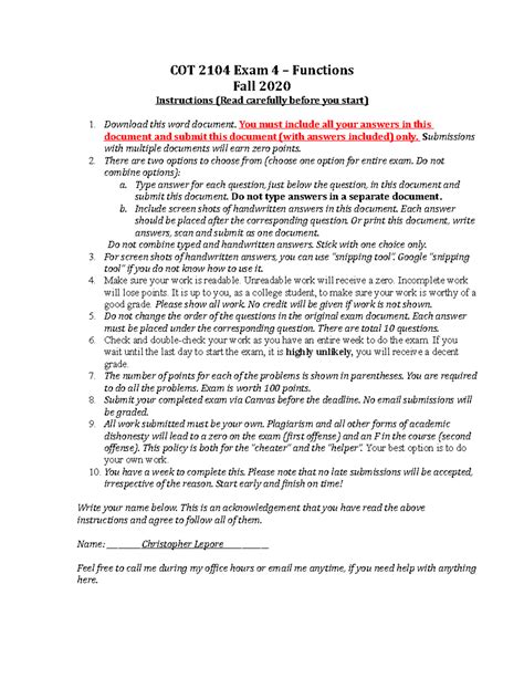 Cot 2104 Exam 4 Functions Fall 2020 Cot 2104 Exam 4 Functions Fall 2020 Instructions Read