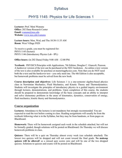 PHYS 1145 Physics For Life Sciences 1 Syllabus