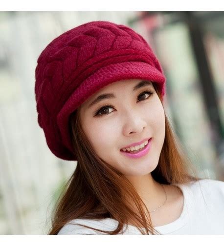 Women Winter Warm Knit Hat Wool Snow Ski Caps With Visor Wine Co12nyep2of