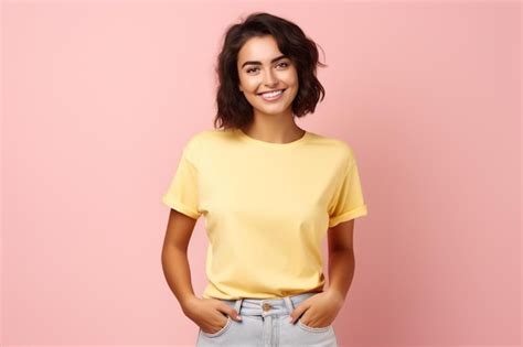 A Woman In A Yellow Shirt Stands In Front Of A Pink Background