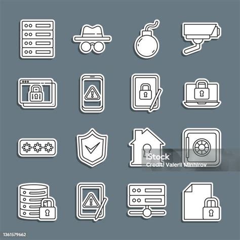 라인 문서 및 잠금 안전 노트북 폭탄 준비 폭발 느낌표와 모바일 사이트 Ssl 서버 데이터 웹 호스팅 및 태블릿 폐쇄 자물쇠 아이콘을 확보 벡터 Brand