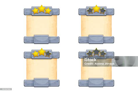 양피지 만화 스타일의 골드 스타 흰색 배경에 고립 된 수준의 성취 게임 화면으로 돌 프레임을 설정합니다 메뉴 승리 템플릿 빈 Gui 자산 간판 벡터 일러스트레이션 개체