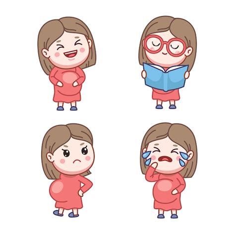 어머니가 웃고 울고 책을 읽고 화를 내는 귀여운 만화 세트 프리미엄 벡터