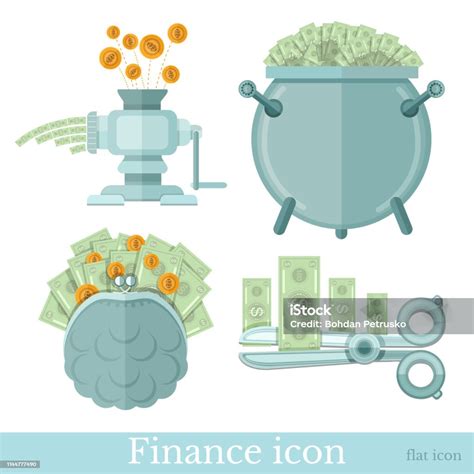 흰색에 비즈니스 평면 아이콘의 집합입니다 지폐와 금화가 달린 파우치 돈과가 위를 잘라 지폐 동전은 고기 분쇄기 및 아웃 지폐에가을 0명에 대한 스톡 벡터 아트 및 기타
