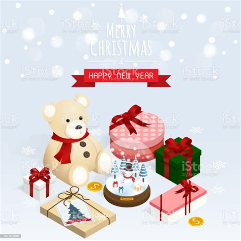 기쁜 성 탄과 새 해 복 많이 받으세요 아이소메트릭 크리스마스 트리 눈 선물 상자 벡터 0명에 대한 스톡 벡터 아트 및 기타