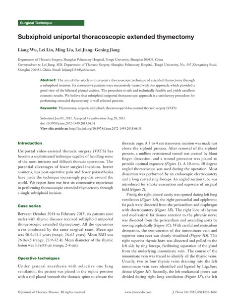Pdf Subxiphoid Uniportal Thoracoscopic Extended Thymectomy