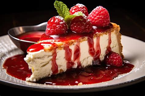 Premium Ai Image A Slice Of Cheesecake With Raspberries And Mint On A Plate