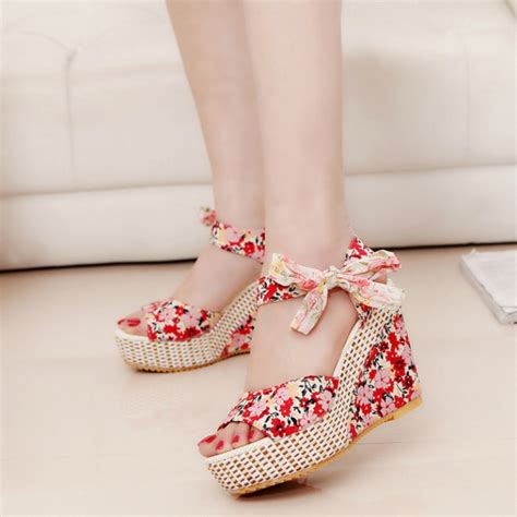 보헤미안 두꺼운 바닥 물고기 입 쐐기 높은 굽 꽃 야생 여성 신발 크기 38 빨강