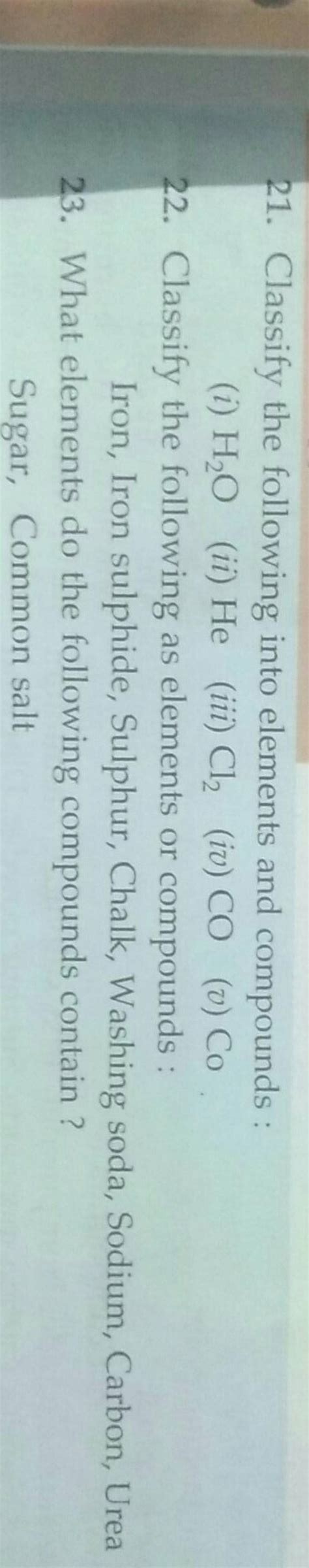 classify the following into elements and compounds filo