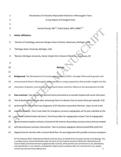 Pdf Simultaneous St Elevation Myocardial Infarction In Monozygotic Twins A Case Report Of