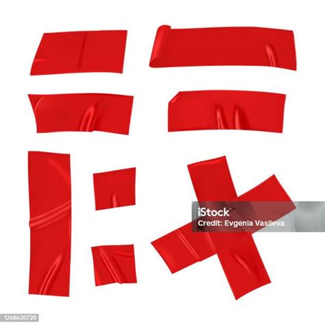 빨간 덕트 테이프 세트 흰색 배경에 격리 된 고정을위한 사실적인 빨간색 접착 테이프 조각 스카치 크로스와 종이 붙어 사실적인 3d 벡터 일러스트레이션 개체 그룹에 대한 스톡