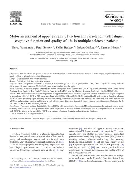 Pdf Motor Assessment Of Upper Extremity Function And Its Relation With Fatigue Cognitive