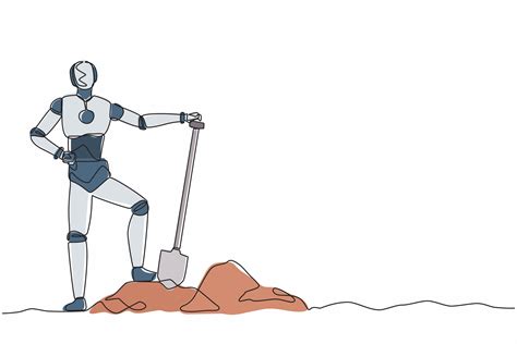 Single Continuous Line Drawing Happy Robot Standing Near Digging Hole