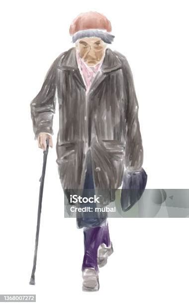 야외에서 산책하는 지팡이를 가진 캐주얼 한 여성의 수채화 벡터 그림 수채화에 대한 스톡 벡터 아트 및 기타 이미지 수채화