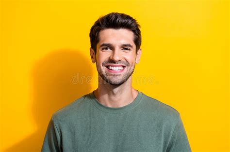 Portrait Of Toothy Beaming Positive Guy With Stubble Brunet Hair Wear