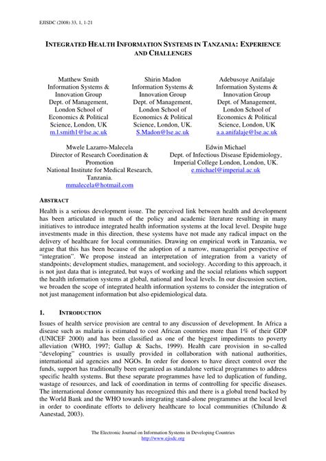 Pdf Integrated Health Information Systems In Tanzania Experience And Challenges