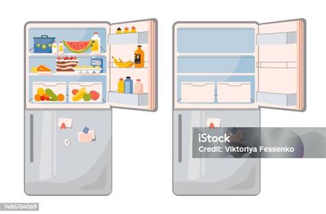 내부에 음식이 있는 냉장고와 빈 냉장고 부엌의 가전 제품 벡터 플랫 만화 그림 0명에 대한 스톡 벡터 아트 및 기타 이미지 0명 가득 찬 가정용 장비 Istock