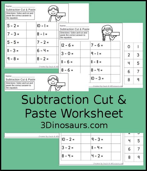 Free Subtraction Cut And Paste Worksheet 3 Dinosaurs