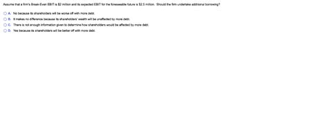 Solved Assume That A Firms Break Even Ebit Is 2 Million