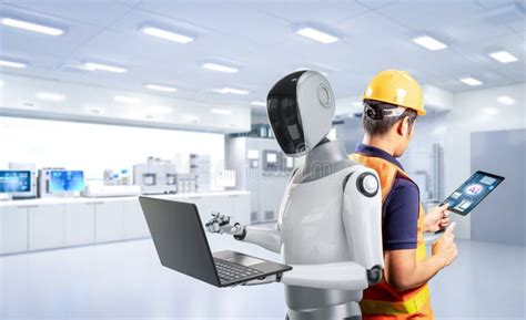 Automation Industry With Engineer Work With Assistant Robot Stock Photo