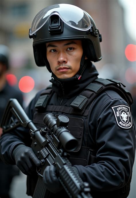 Man As A Swat Officer Wearing Black Swat Vest Swat Helmet Holding