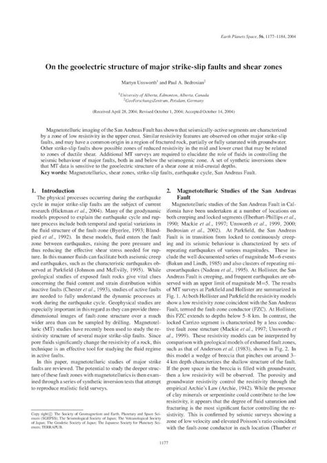 Pdf On The Geoelectric Structure Of Major Strike Slip Faults And Earth Planets Space 56