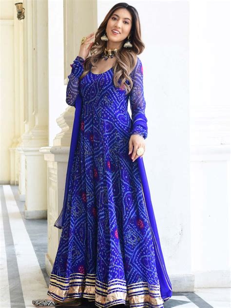 Royal Blue Bandhni Printed Heavy Flared Anarkali Kurta Set Indi Ethnics