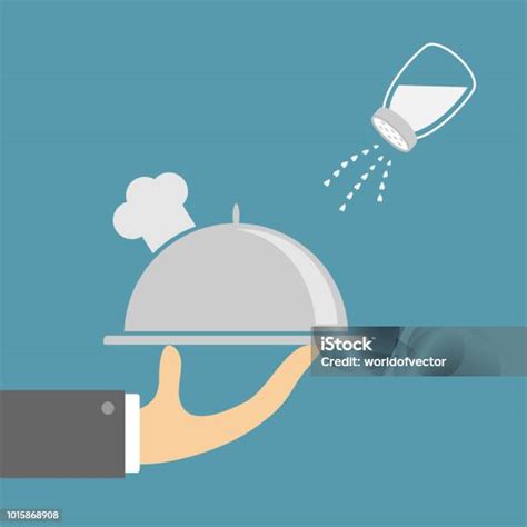 소금 뿌리 박 접속이 요리사 모자와 핸드 유리 컨테이너 심장 크리스탈입니다 평면 디자인입니다 파란색 배경입니다 접시에 대한 스톡