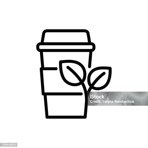 커피 컵과 나뭇잎 윤곽선 아이콘입니다 친환경 컵 기호입니다 0명에 대한 스톡 벡터 아트 및 기타 이미지 0명 개념 검은색 Istock