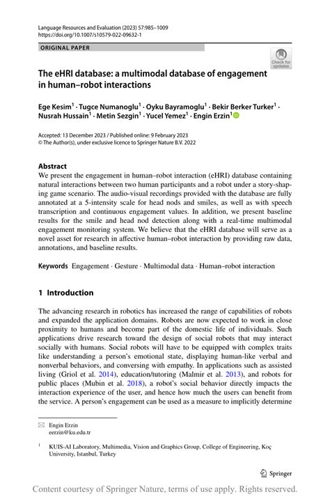 The Ehri Database A Multimodal Database Of Engagement In Humanrobot Interactions Request Pdf
