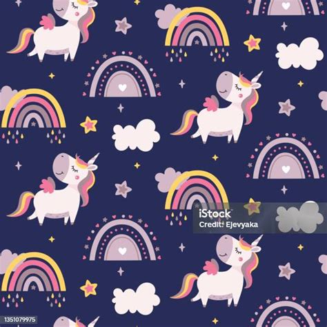 유니콘 무지개 별 구름 하늘 날개 하트와 원활한 귀여운 벡터 마법의 천체 벡터 패턴 구름에 대한 스톡 벡터 아트 및 기타 이미지 Istock