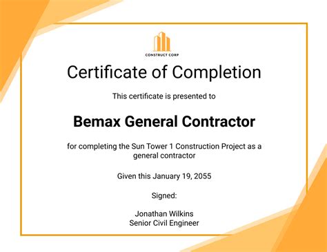 Certificate Of Completion Template Construction Ablebionics