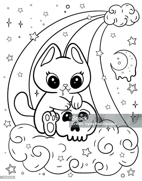 두개골을 가진 카와이 고양이 어린이를위한 색칠 공부 책 성인을위한 색칠 공부 책 할로윈 색칠 공부 페이지 공포 카와이 흑백 그림 공포 무서움에 대한 스톡 벡터 아트 및 기타