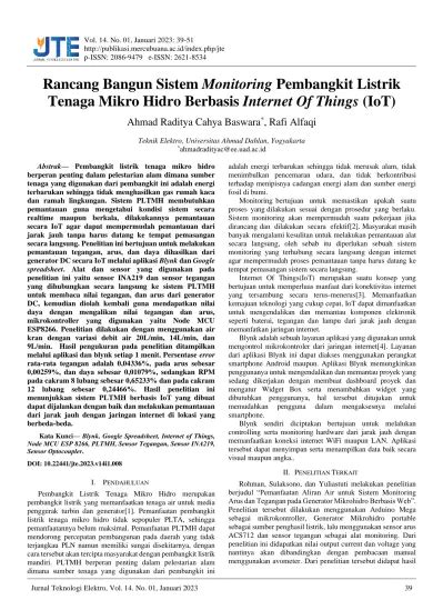 Rancang Bangun Sistem Monitoring Pembangkit Listrik Tenaga Mikro Hidro Berbasis Internet Of