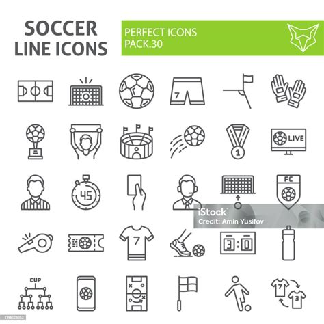サッカーラインアイコンセットサッカーシンボルコレクションベクタースケッチロゴイラストスポーツゲームの看板白背景に分離されたリニアピクトグラム