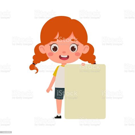 빨간 머리와 빈 백지를 가진 귀여운 어린 소녀 만화 아이 캐릭터입니다 벡터 그림 아이에 대한 스톡 벡터 아트 및 기타 이미지