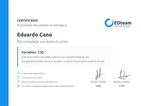 Certificado De Eduardo Cano Del Curso Variables CSS EDteam