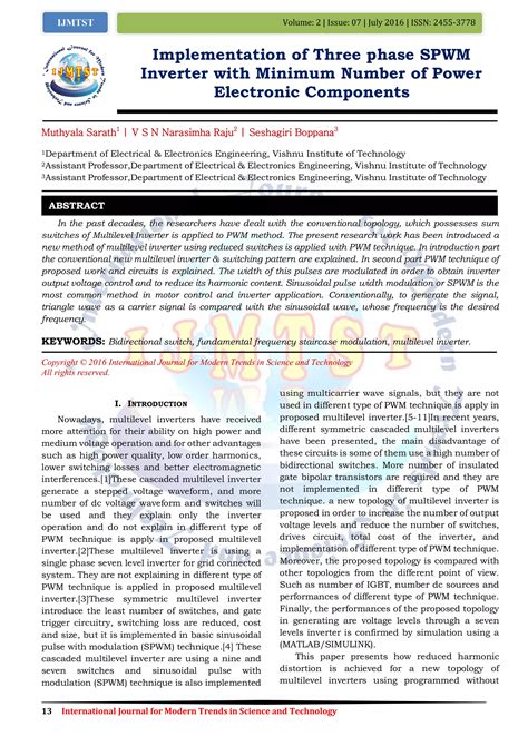 Implementation Of Three Phase Spwm Inverter With Minimum Number Of