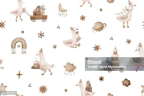 귀여운 만화 거위 오리 별 구름 무지개와 함께 손으로 그린 봄 패턴 보육원 섬유 의류를 위한 손으로 그린 아기 디자인 신생아 원활한 패턴 가공의 인물에 대한 스톡 벡터 아트